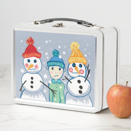 Boy with snowmen metal lunch box | Zazzle