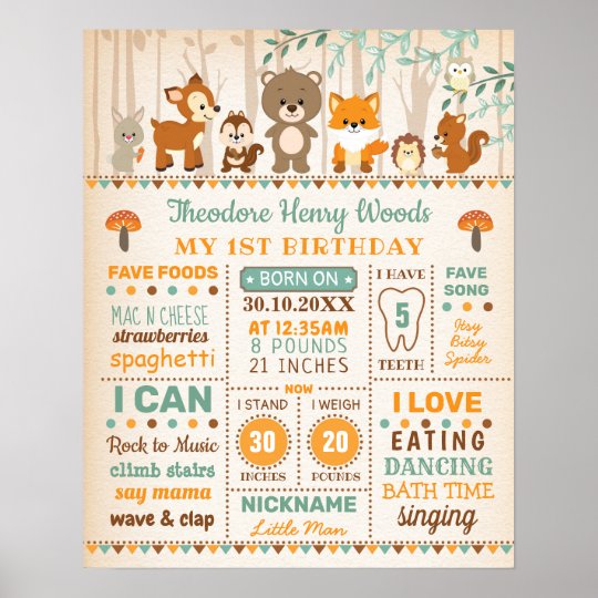Boy Woodland Birth Stats 1st Birthday Milestone Poster | Zazzle.com