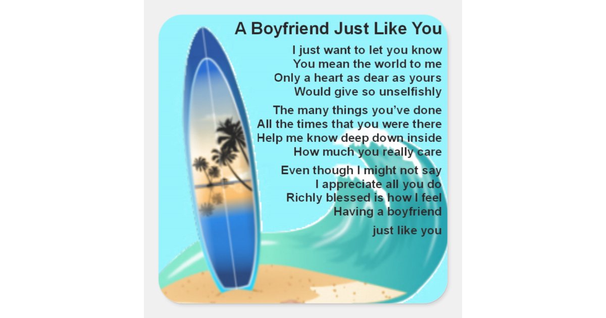 Boyfriend Poem - Surfing Design Square Sticker | Zazzle