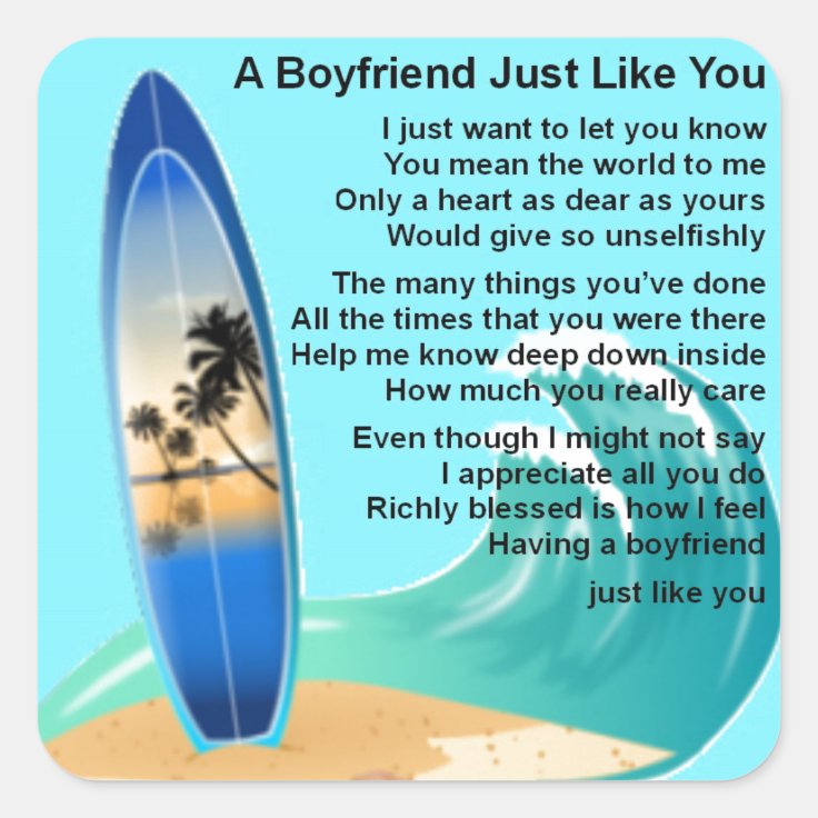 Boyfriend Poem - Surfing Design Square Sticker | Zazzle