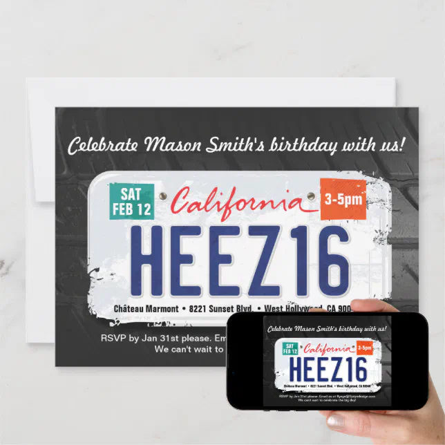Boy's 16th Birthday California License Invitation | Zazzle