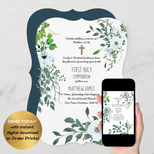 BOYS 1st HOLY COMMUNION Blue Flowers Invitation | Zazzle