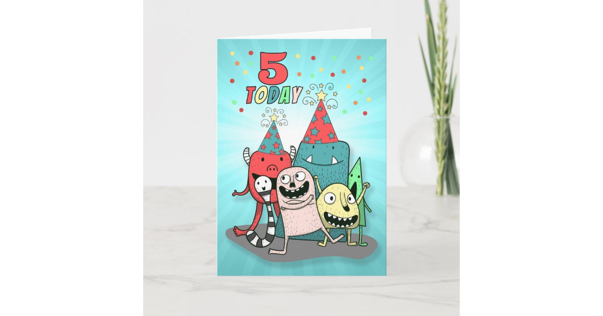 Boys 5th Birthday Red and Blue Cartoon Monsters Holiday Card | Zazzle