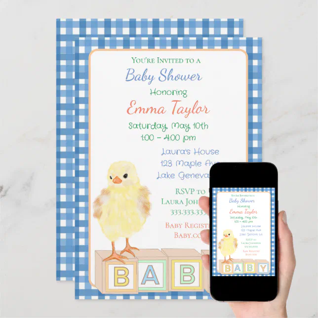 Boy's Baby Shower with Baby Chick and Blocks Invitation | Zazzle