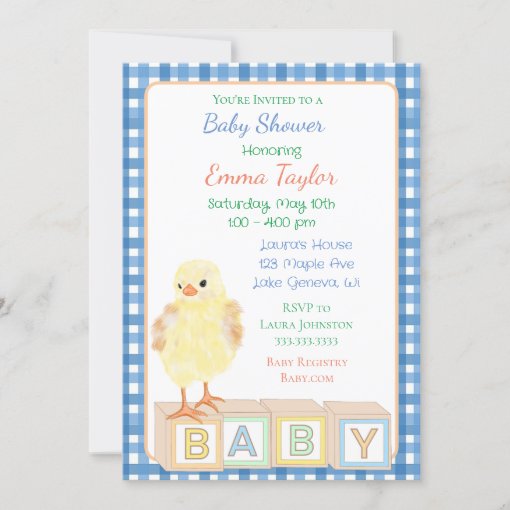 Boy's Baby Shower with Baby Chick and Blocks Invitation | Zazzle