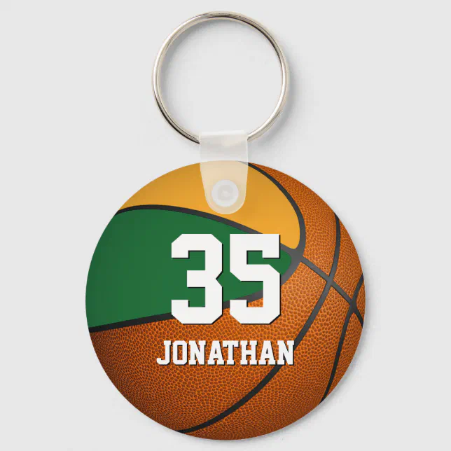boys basketball w green gold team colors keychain | Zazzle
