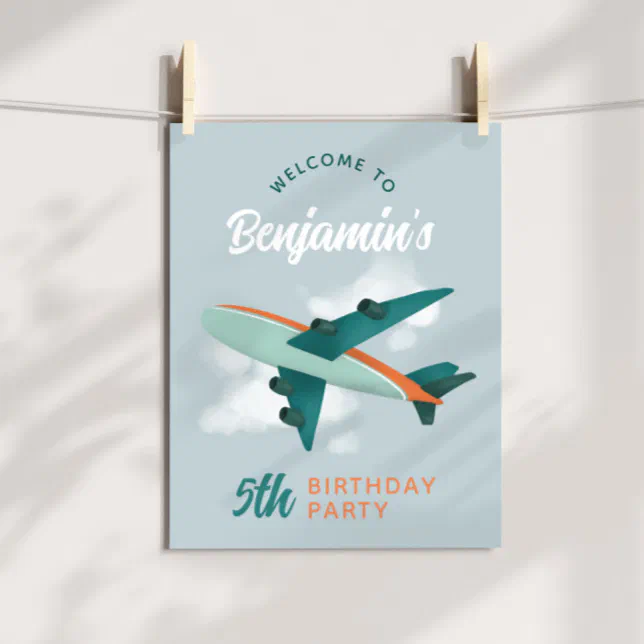 Boys Blue Airplane Travel Birthday Welcome Sign | Zazzle