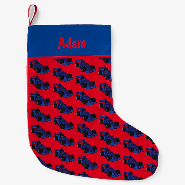 Boys Blue and Red Motorsport Racing Car Small Christmas Stocking | Zazzle