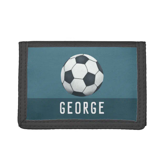 Boys Blue and Sporty Football Soccer Ball Kids Trifold Wallet | Zazzle