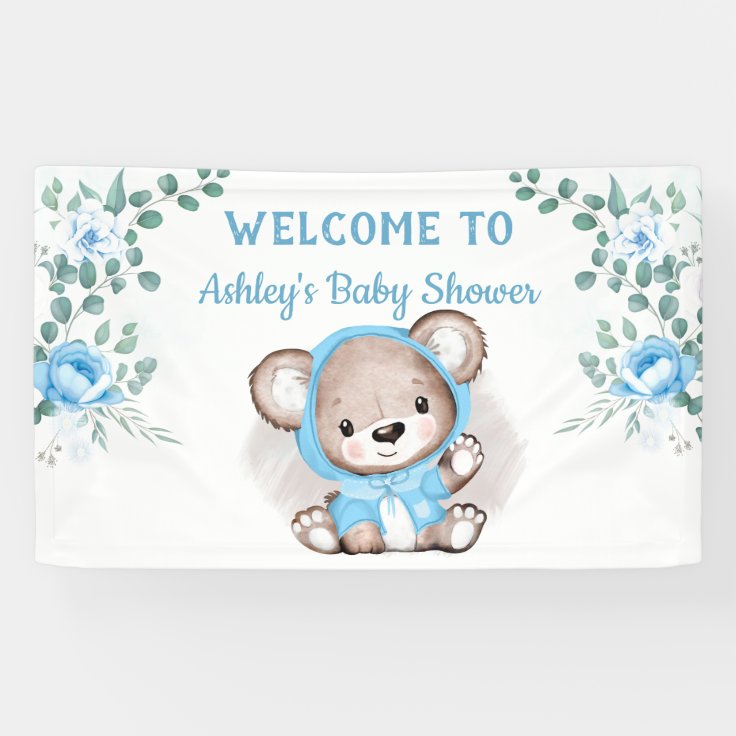 Boys Blue Bear Floral Custom Baby Shower Banner | Zazzle