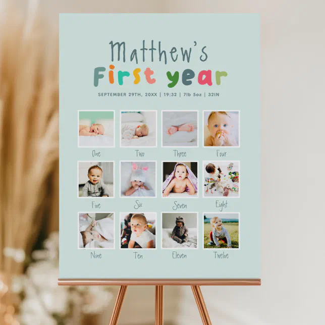 Boys Blue First Year Birthday Photo Collage Poster | Zazzle