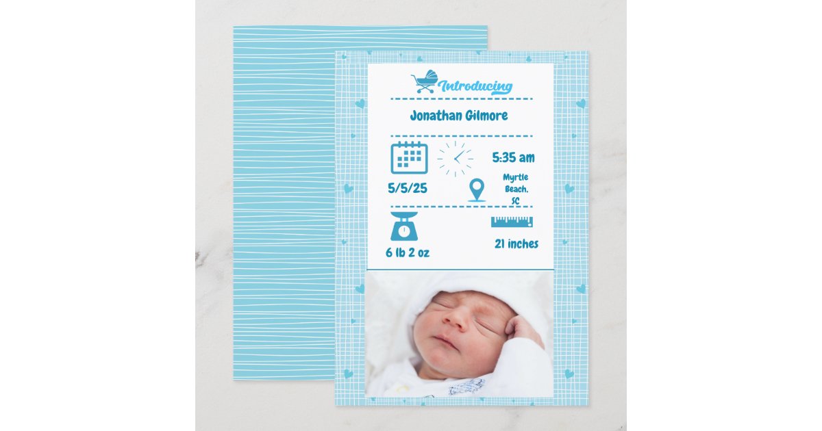 Boys Blue Photo Birth Stats Announcement | Zazzle