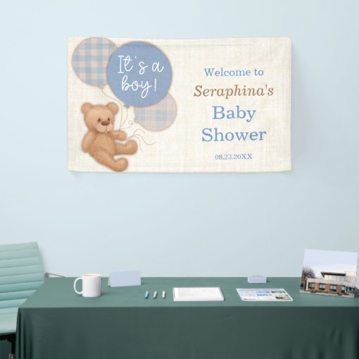 Boys Blue Plaid Teddy Bear Baby Shower Banner | Zazzle