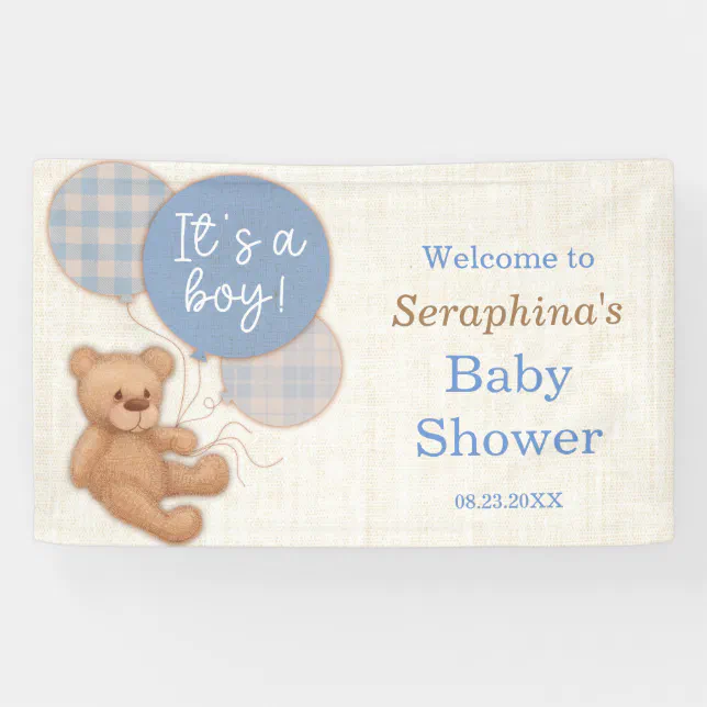 Boys Blue Plaid Teddy Bear Baby Shower Banner | Zazzle
