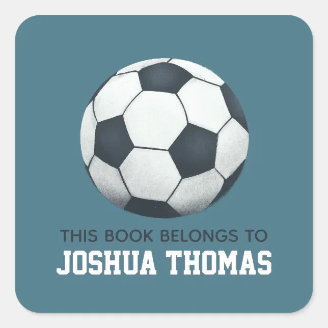 Boys Blue This Book Belongs Soccer Kids Square Sticker | Zazzle
