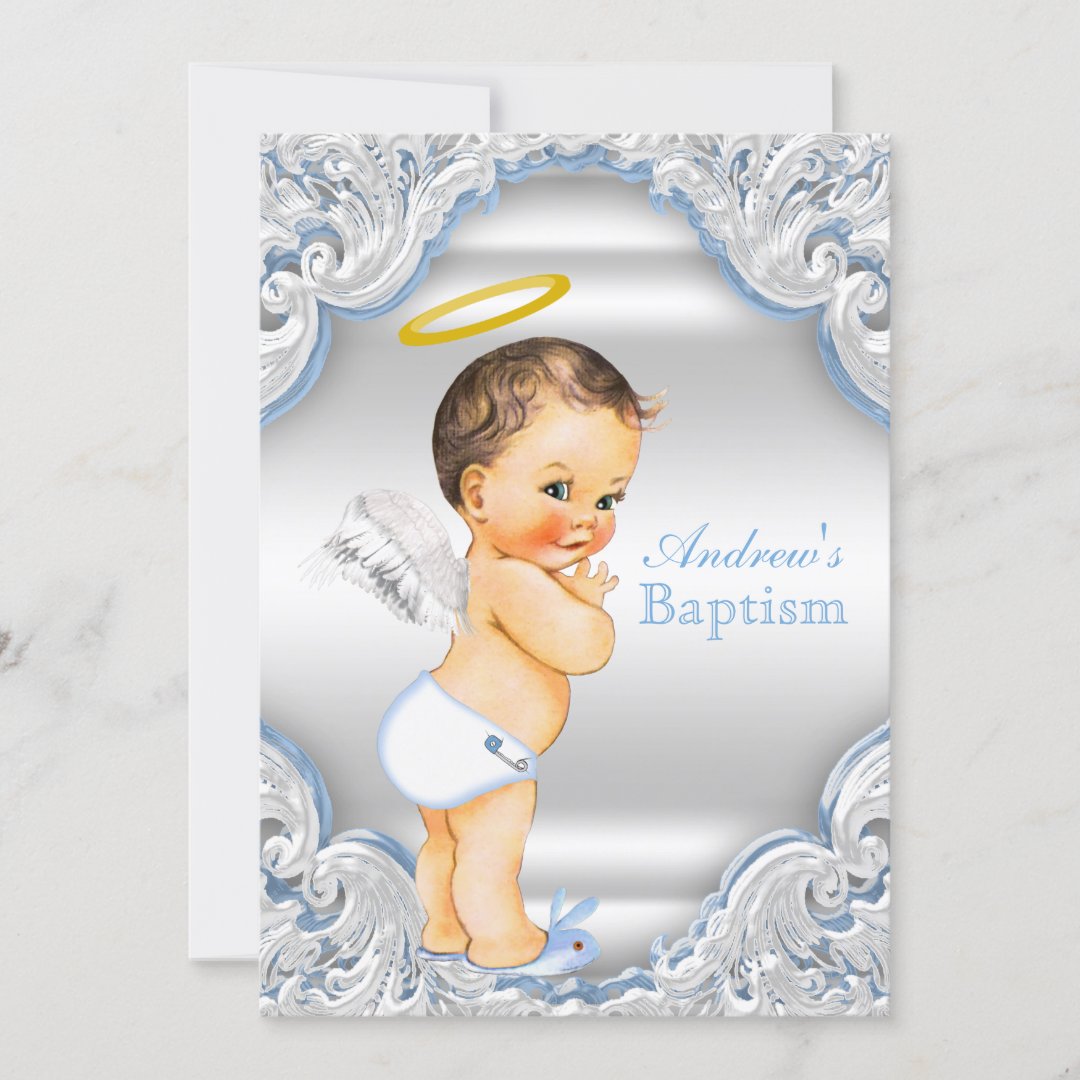 Boys Blue White Angel Boy Baby Baptism Invitation | Zazzle