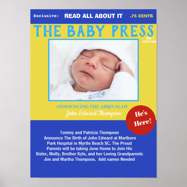 Boys Blue Yellow Keepsake Photo Birth Poster | Zazzle