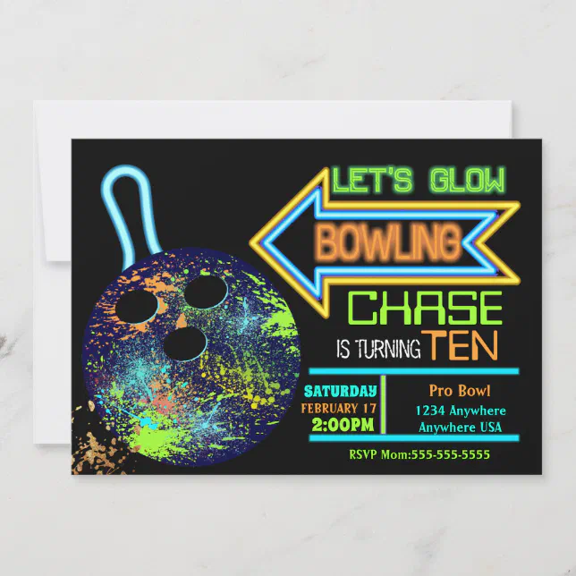 Boys Bowling party, Birthday Neon glow bowling Invitation | Zazzle