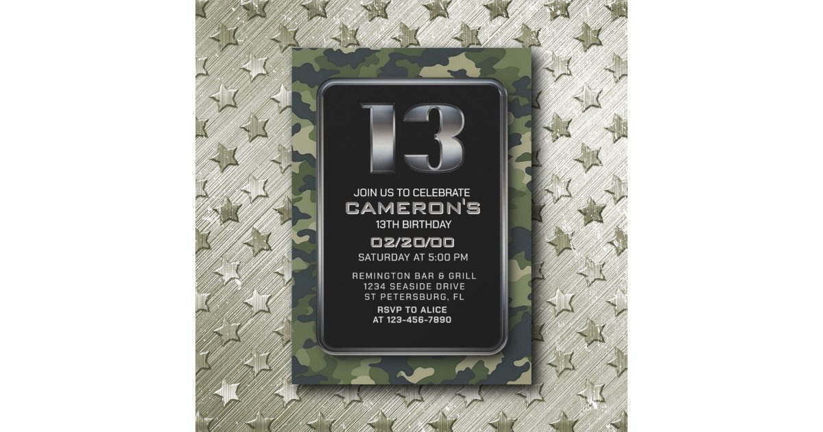 Boys Camo Hunting Army 13th Birthday Invitation | Zazzle