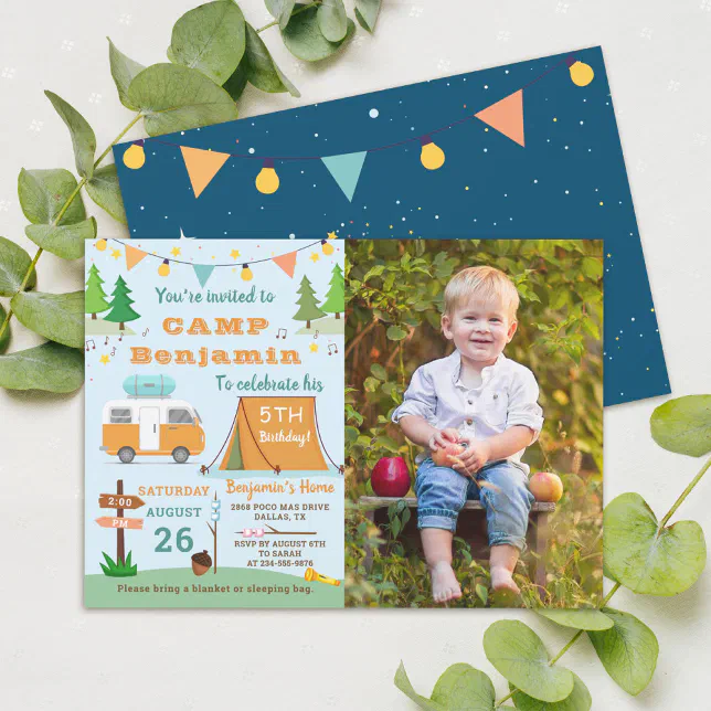 Boys Camping Birthday Camp Out Party Photo Invitation | Zazzle