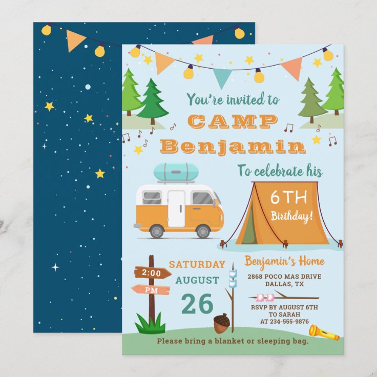 Boys Camping Birthday Outdoors Camp Out Party Invitation | Zazzle