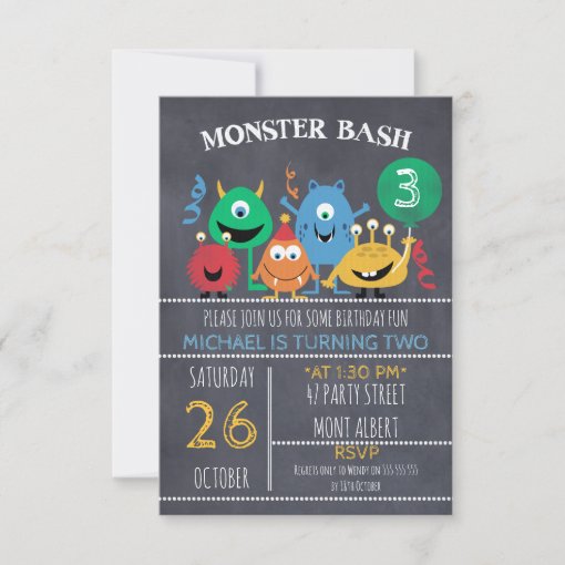 Boys Chalkboard Monster Bash Birthday Invitation | Zazzle