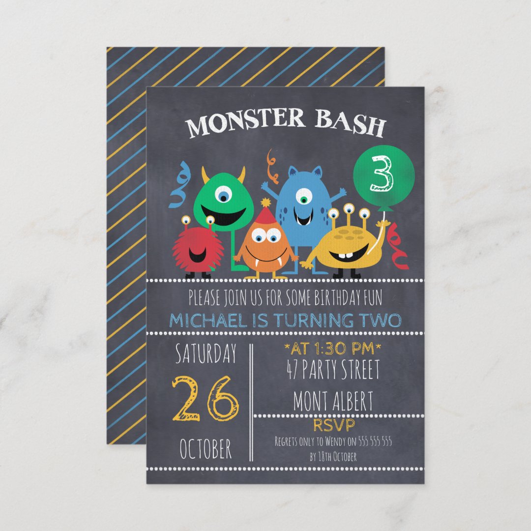Boys Chalkboard Monster Bash Birthday Invitation | Zazzle