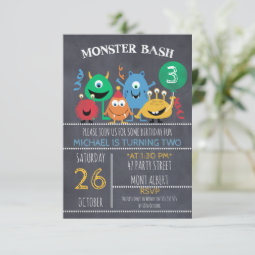 Boys Chalkboard Monster Bash Birthday Invitation | Zazzle
