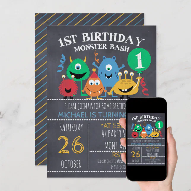 Boys Chalkboard Monsters 1st Birthday Invitation | Zazzle