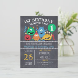 Boys Chalkboard Monsters 1st Birthday Invitation | Zazzle