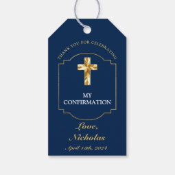 Boys Classic Navy Blue Gold Confirmation Thank You Gift Tags | Zazzle