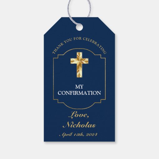 Boys Classic Navy Blue Gold Confirmation Thank You Gift Tags | Zazzle