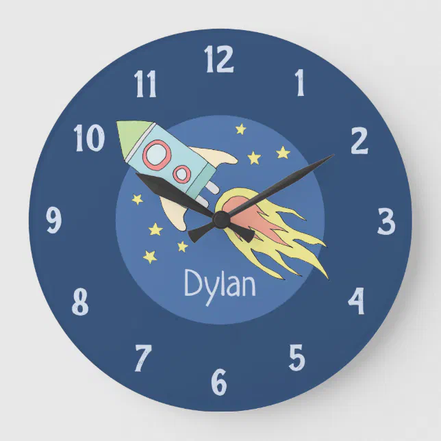 Boys Colorful Rocket Ship Space and Name Nursery Large Clock | Zazzle