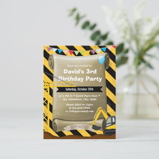 Boys Construction Excavator Birthday Party Invitation | Zazzle