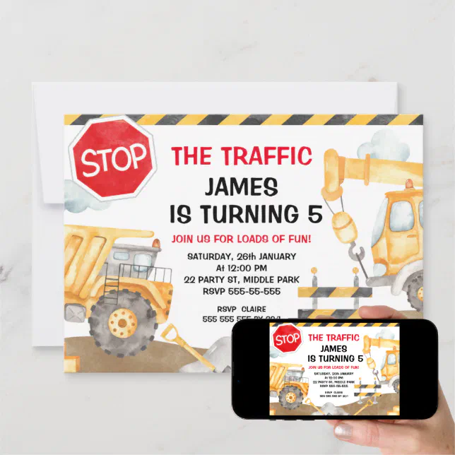 Boys Construction StopThe Traffic Birthday Invitation | Zazzle