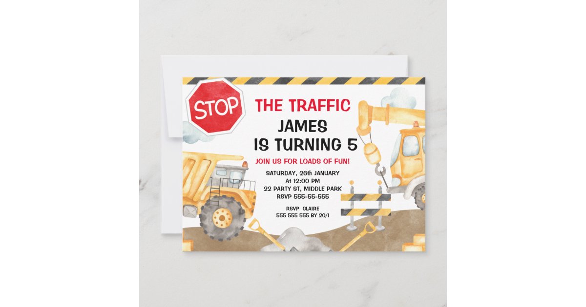 Boys Construction StopThe Traffic Birthday Invitation | Zazzle