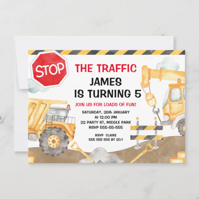 Boys Construction StopThe Traffic Birthday Invitation | Zazzle