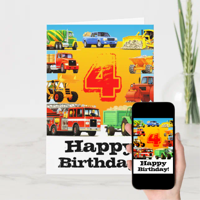 Boy's Construction Truck 4th Happy Birthday Card | Zazzle