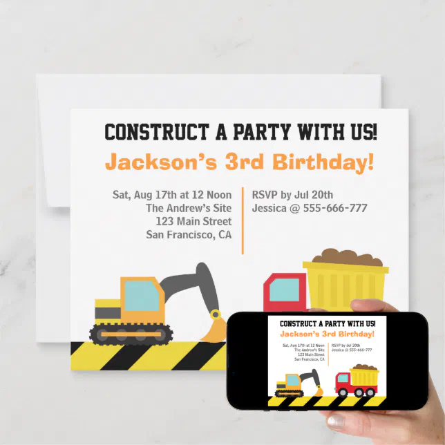 Boys Construction Vehicles Theme Birthday Party Invitation | Zazzle