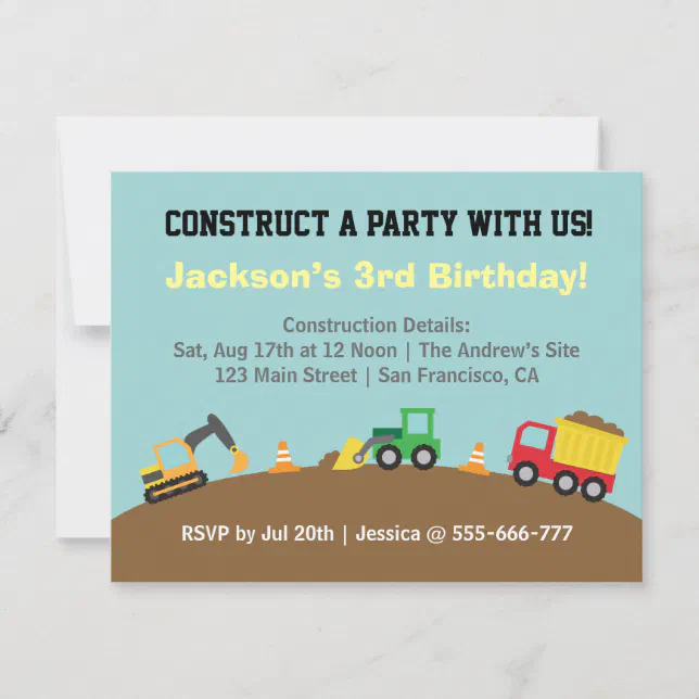 Boys Construction Vehicles Theme Birthday Party Invitation | Zazzle