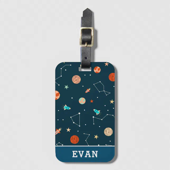 Boys Cool Outer Space Planets Rockets & Name Kids Luggage Tag | Zazzle