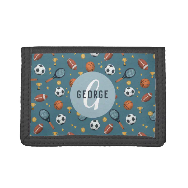 Boys Cool Sports Monogram Kids Trifold Wallet | Zazzle