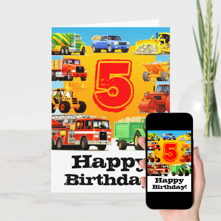 Boy's Custom Construction Truck Happy 5th Birthday Card | Zazzle