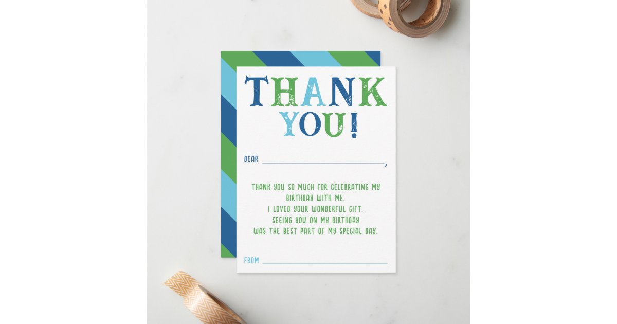 Boys Custom Striped Fill In Birthday Thank You Note Card | Zazzle