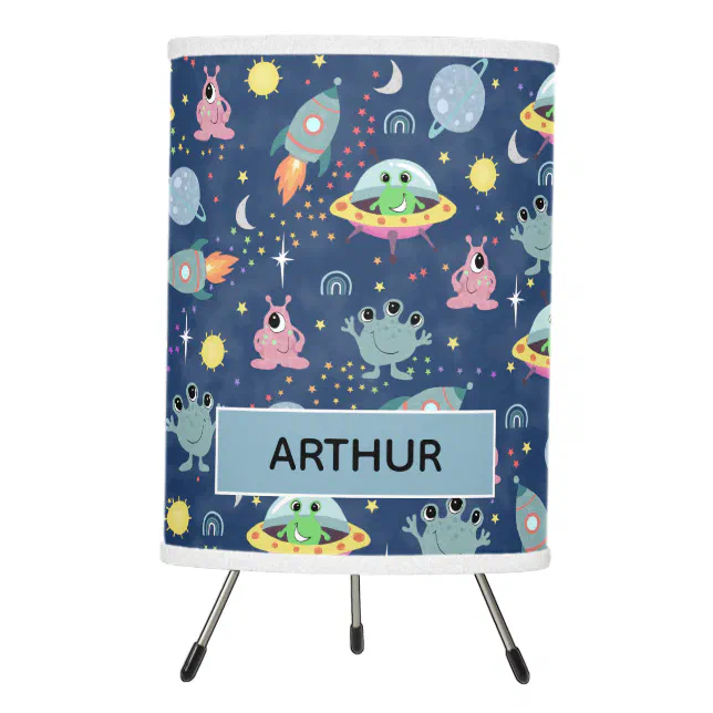 Boys Cute Alien Space Pattern & Name Kids Nursery Tripod Lamp | Zazzle