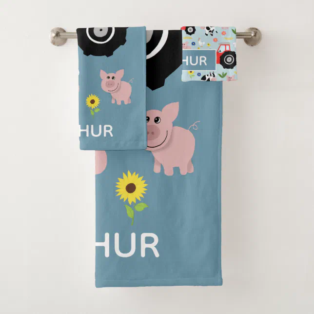 Boys Cute and Modern Farm Tractor and Name Kids Bath Towel Set | Zazzle