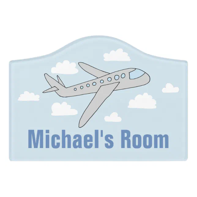 Boys Cute Blue Airplane Cartoon Kids Nursery Door Sign | Zazzle