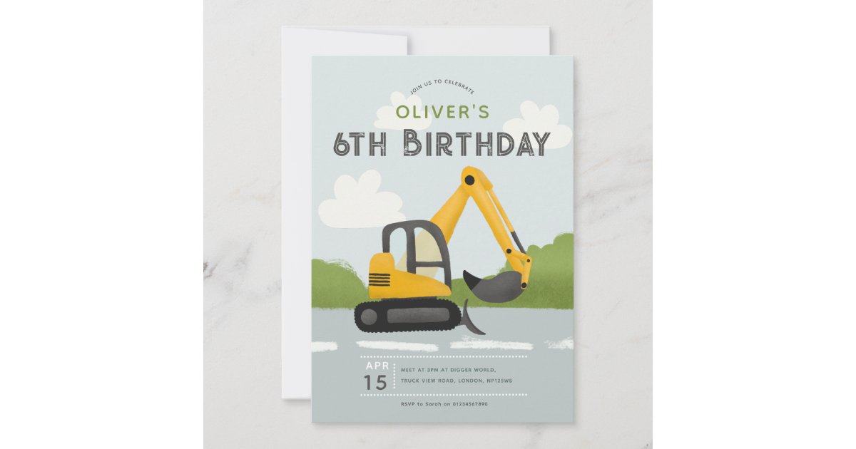Boys Cute Blue Construction Kids Birthday Invitation | Zazzle