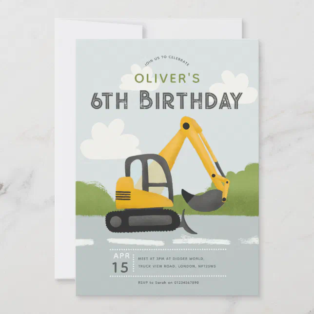 Boys Cute Blue Construction Kids Birthday Invitation | Zazzle