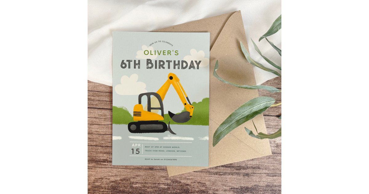 Boys Cute Blue Construction Kids Birthday Invitation | Zazzle